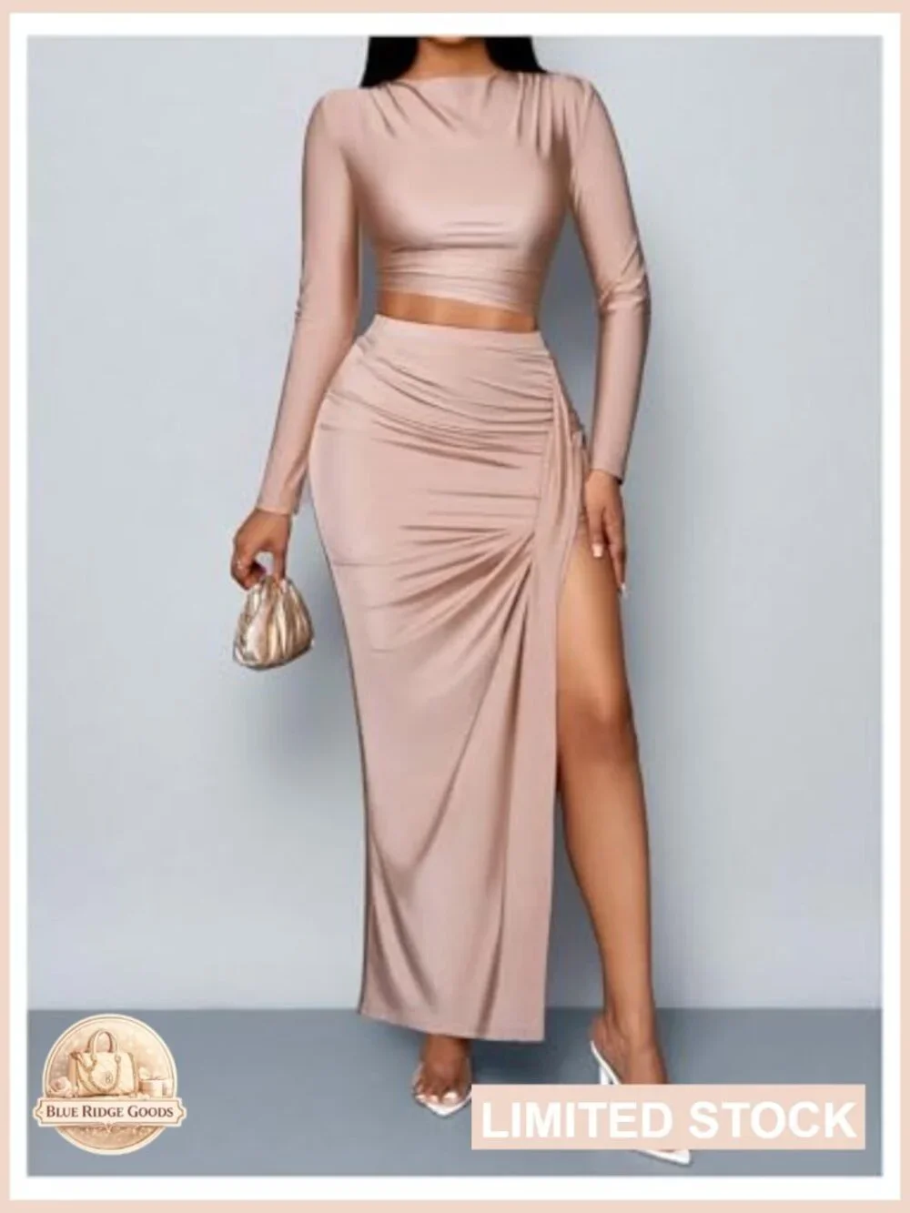 Skirts | Ruched Long Sleeve Crop Top High Slit Bodycon Maxi Skirt Set ...